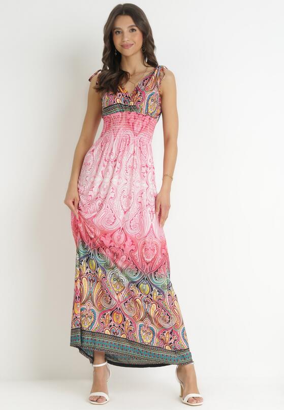 Różowa Rozkloszowana Sukienka Maxi z Cienkimi Gumkami w Pasie i ...