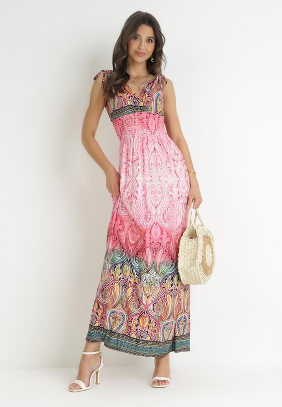 Różowa Rozkloszowana Sukienka Maxi z Cienkimi Gumkami w Pasie i ...