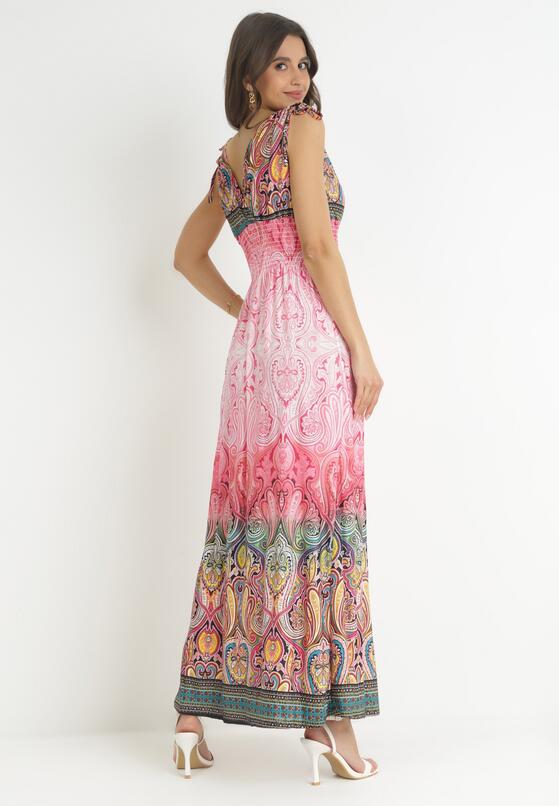 Różowa Rozkloszowana Sukienka Maxi z Cienkimi Gumkami w Pasie i ...