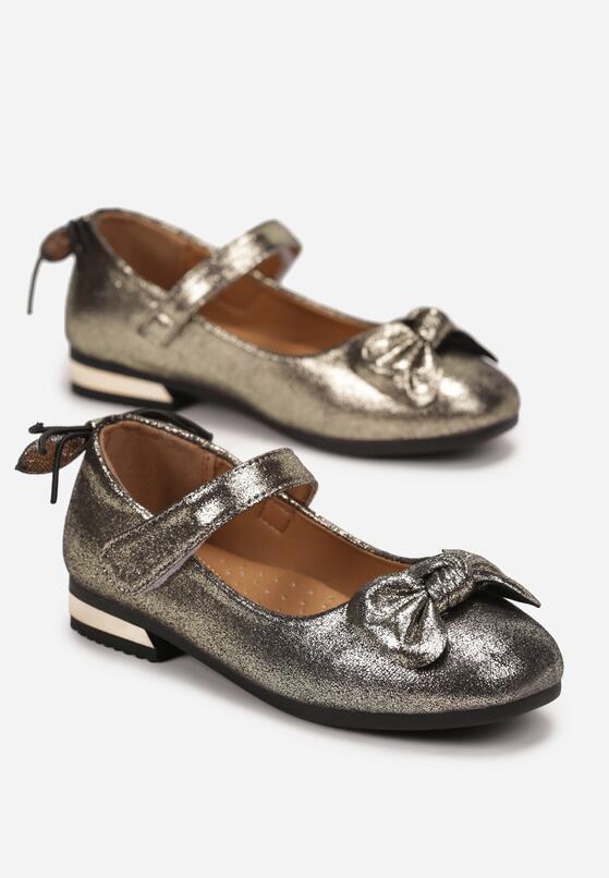 Złote Metaliczne Balerinki na Płaskiej Podeszwie z Ozdobnymi Kokardkami ...