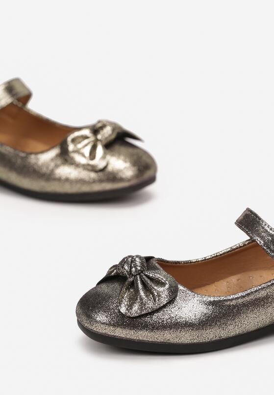 Złote Metaliczne Balerinki na Płaskiej Podeszwie z Ozdobnymi Kokardkami ...