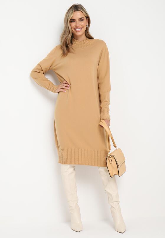Ciemnobeżowa Pudełkowa Sukienka Sweterkowa Glorive - Born2be