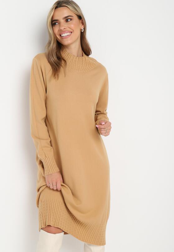 Ciemnobeżowa Pudełkowa Sukienka Sweterkowa Glorive - Born2be