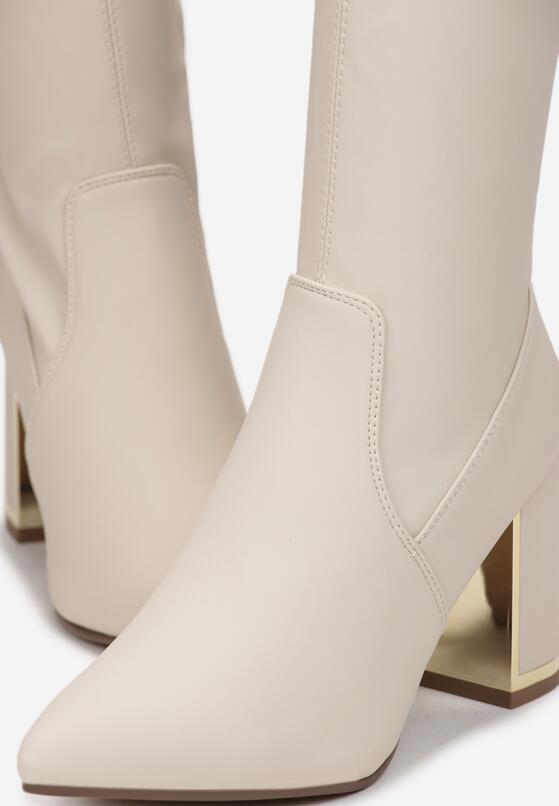 Beżowe Kozaki na Słupku za Kolano Woska - Born2be