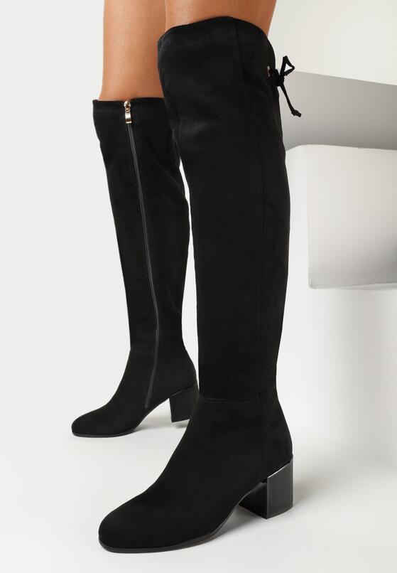 Czarne Kozaki na Obcasie za Kolano z Wiązaniem Achena - Born2be