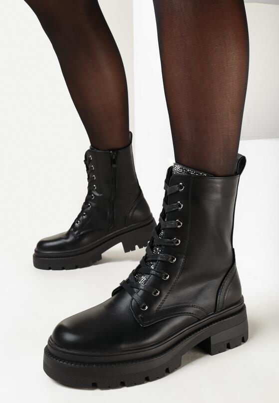 Czarne Botki Workery z Brokatowym Zdobieniem na Języku Arlese - Born2be