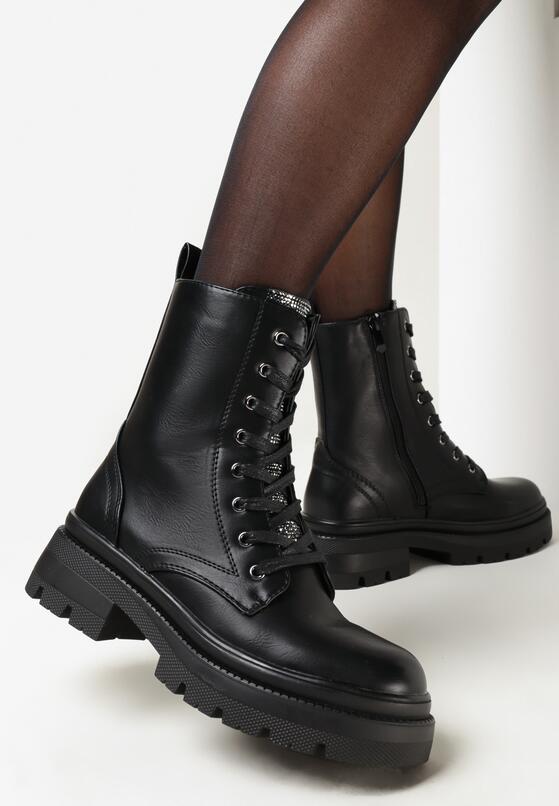 Czarne Botki Workery z Brokatowym Zdobieniem na Języku Arlese - Born2be