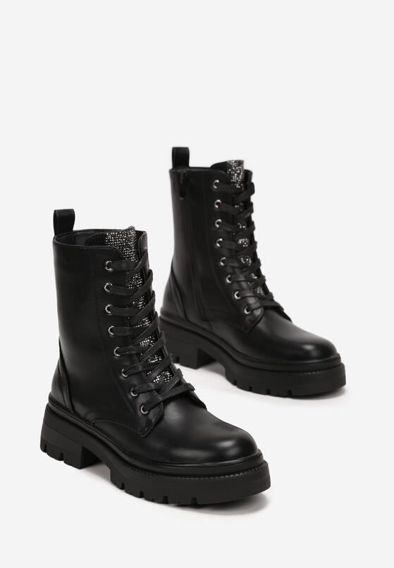 Czarne Botki Workery z Brokatowym Zdobieniem na Języku Arlese - Born2be