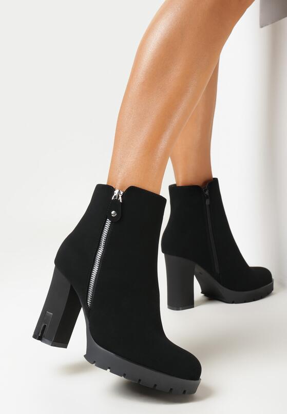 Czarne Botki na Słupku Ozdobione Suwakiem Bubune - Born2be