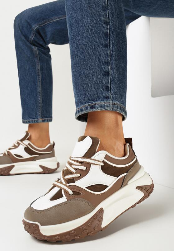 Brązowe Sneakersy z Ozdobnymi Sznurowadłami i Wstawkami Plesca - Born2be