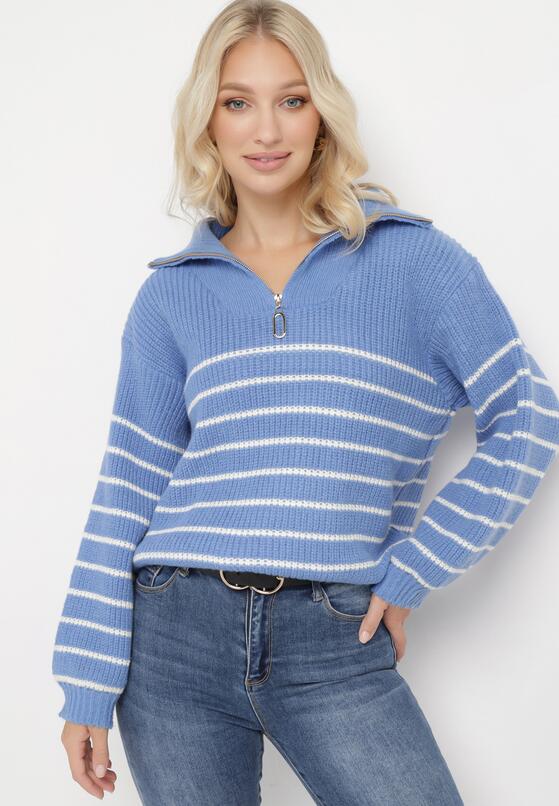 Niebiesko-Biały Golf Sweter w Paski Zapinany na Suwak przy Dekolcie z ...