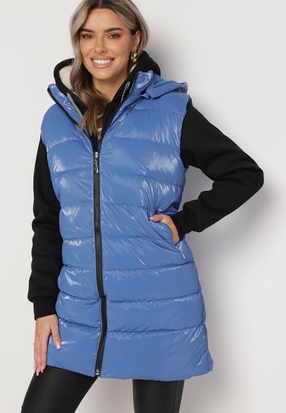 Niebieska Kamizelka Pikowana z Kapturem Clozone - Born2be