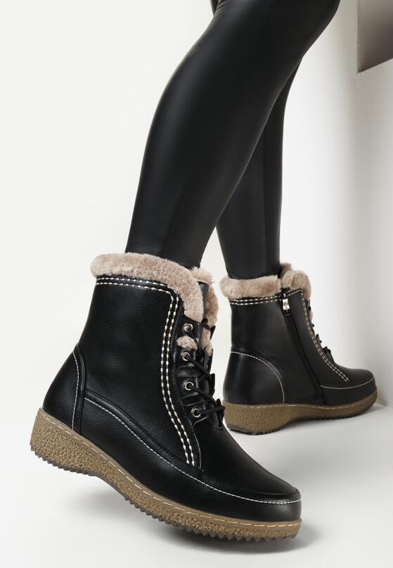 Czarne Sznurowane Botki Ocieplane Thalwen - Born2be