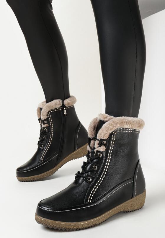 Czarne Sznurowane Botki Ocieplane Thalwen - Born2be