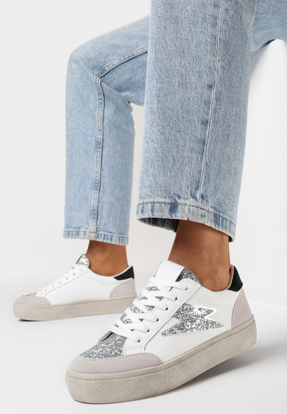 Srebrne Sneakersy przed Kostkę z Brokatowymi Wstawkami Nodina - Born2be