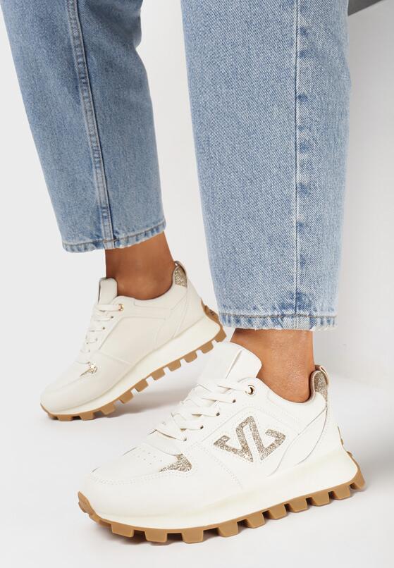 Beżowe Sneakersy z Brokatową Naszywką i Szerokim Bieżnikiem Aduria ...