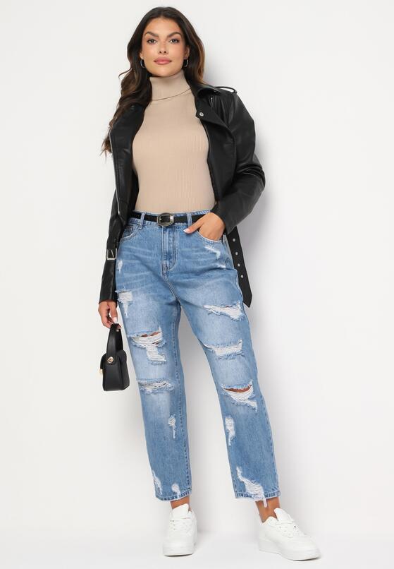 Niebieskie Jeansy Boyfriend z Dziurami i Paskiem z Ekoskóry Merionne ...