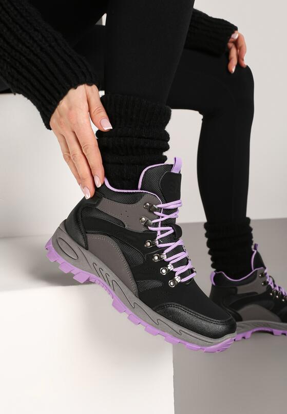 Czarno-Fioletowe Płaskie Sznurowane Traperki za Kostkę Ozdobione ...