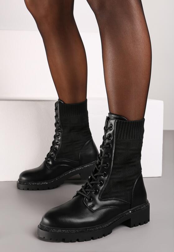 Czarne Płaskie Botki w Stylu Workerów Ozdobione Cyrkoniami Taiven - Born2be