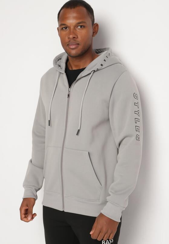 Jasnoszara Rozpinana Bluza z Kapturem i Napisem na Rękawie Daiona - Born2be