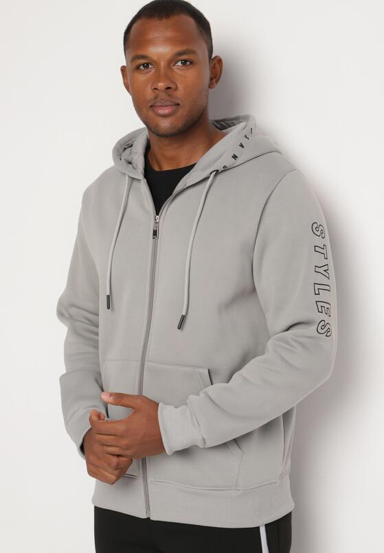 Jasnoszara Rozpinana Bluza z Kapturem i Napisem na Rękawie Daiona - Born2be