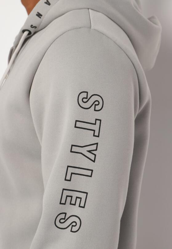 Jasnoszara Rozpinana Bluza z Kapturem i Napisem na Rękawie Daiona - Born2be