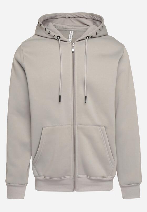 Jasnoszara Rozpinana Bluza z Kapturem i Napisem na Rękawie Daiona - Born2be