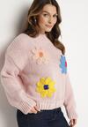 Różowy Sweter z Wiskozą Ozdobiony Kwiatami 3D Alabine - Born2be