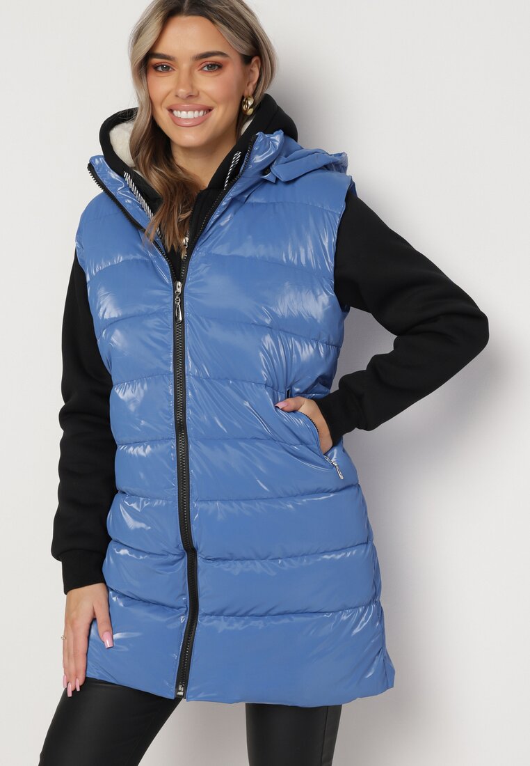 Niebieska Kamizelka Pikowana z Kapturem Clozone - Born2be