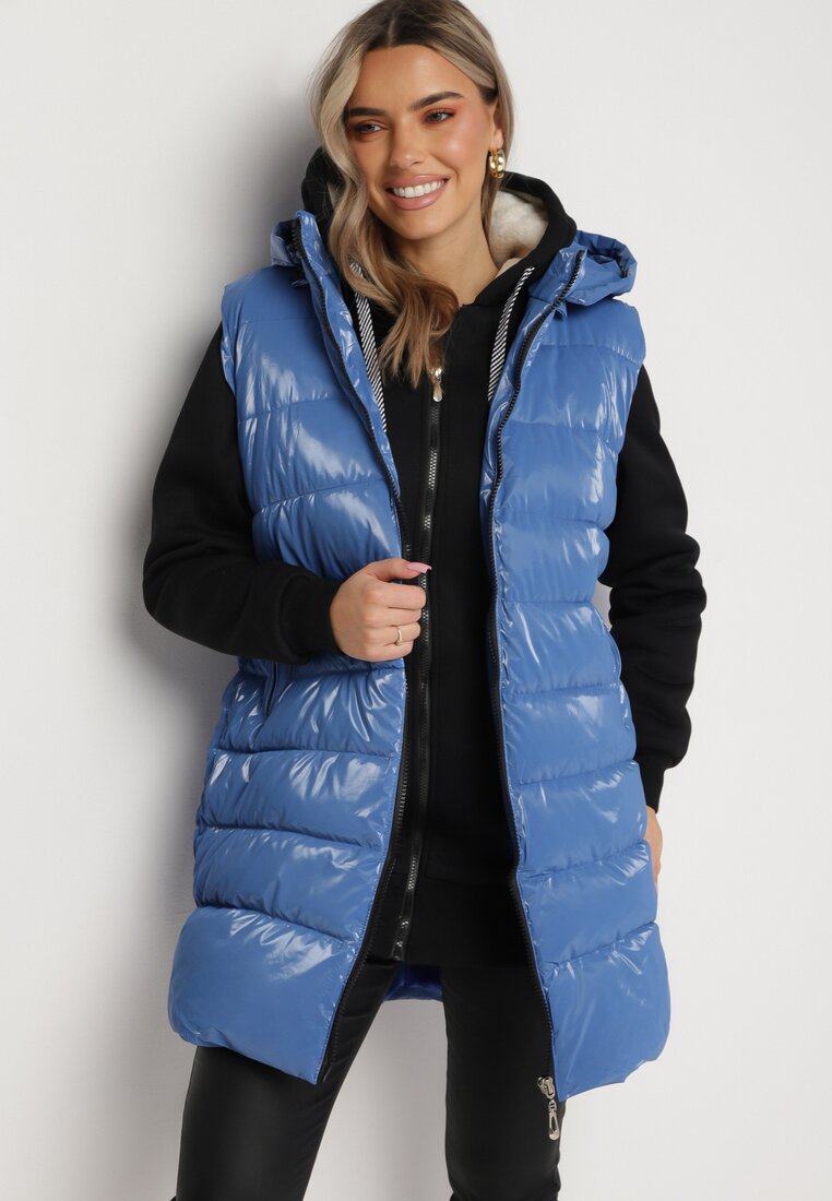 Niebieska Kamizelka Pikowana z Kapturem Clozone - Born2be